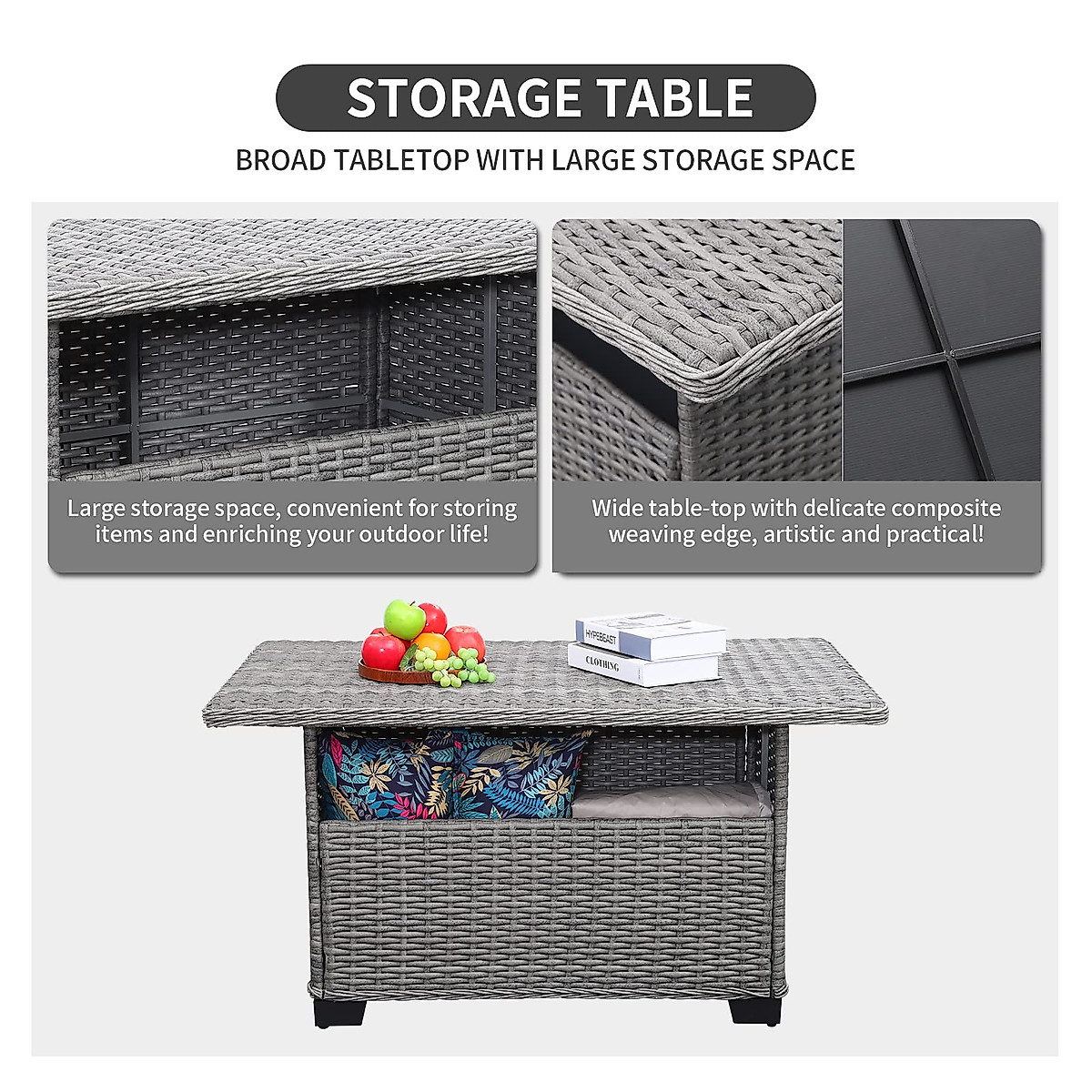 Rattaner Patio Furniture Set 6 Pieces Outdoor Furniture Set Outdoor Couch Coffee Table with Storage Non-Slip Cushions and Waterproof Covers, Navy Blue