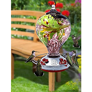 Hummingbird Feeder by Grateful Gnome - Large Hand Blown Stained Glass Feeder for Garden, Patio, Outdoors, Window with Accessories S-Hook, Ant Moat, Brush - 36fl oz, Large Purple Egg Design