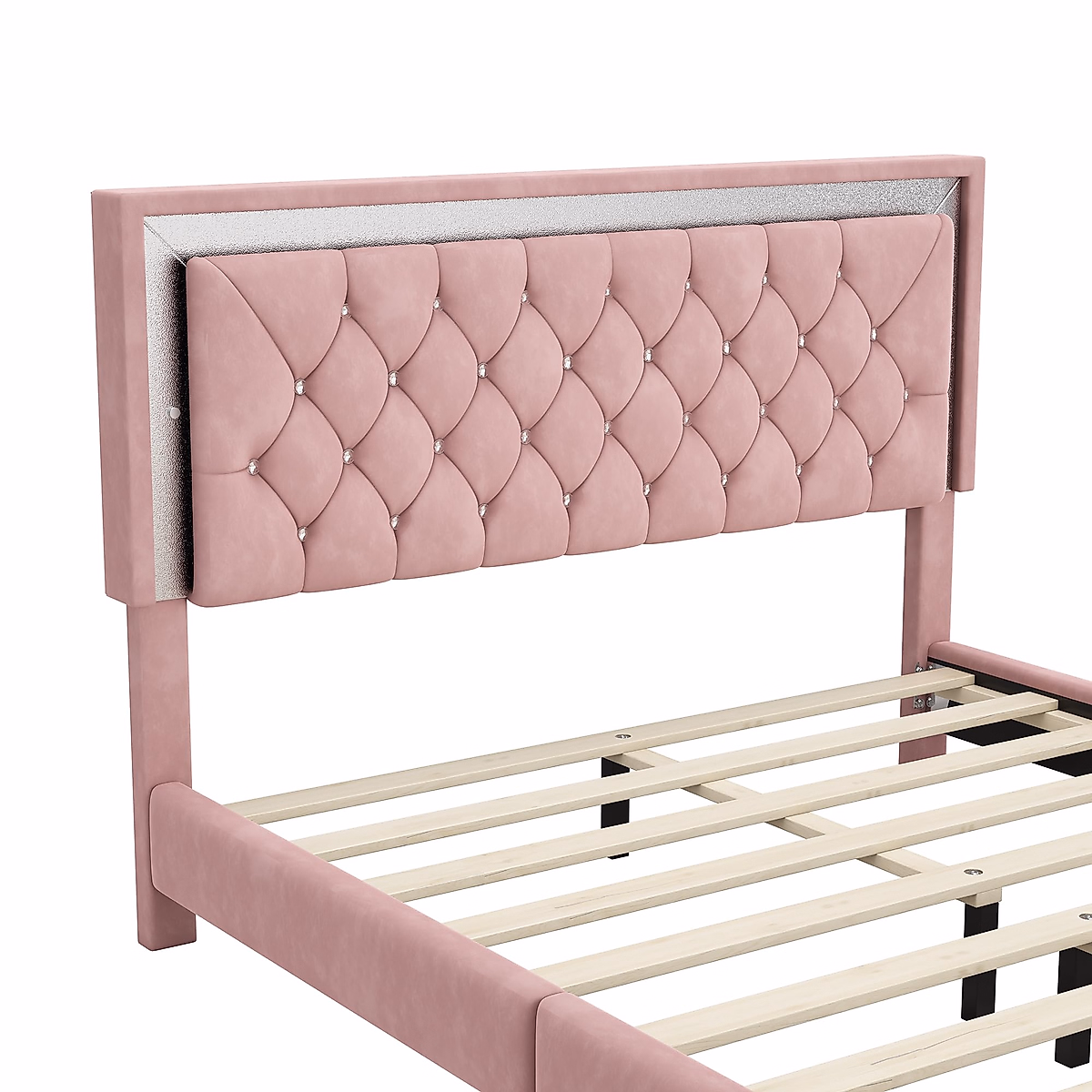 Queen Size Velvet Upholstered Platform Bed Mattress Foundation w/Crystal Tufted Headboard&LED Light for Adult,Low Profile Panel Bed Frame w/Metal Legs&Wooden Slat Support for Bedroom Guestroom (Pink)