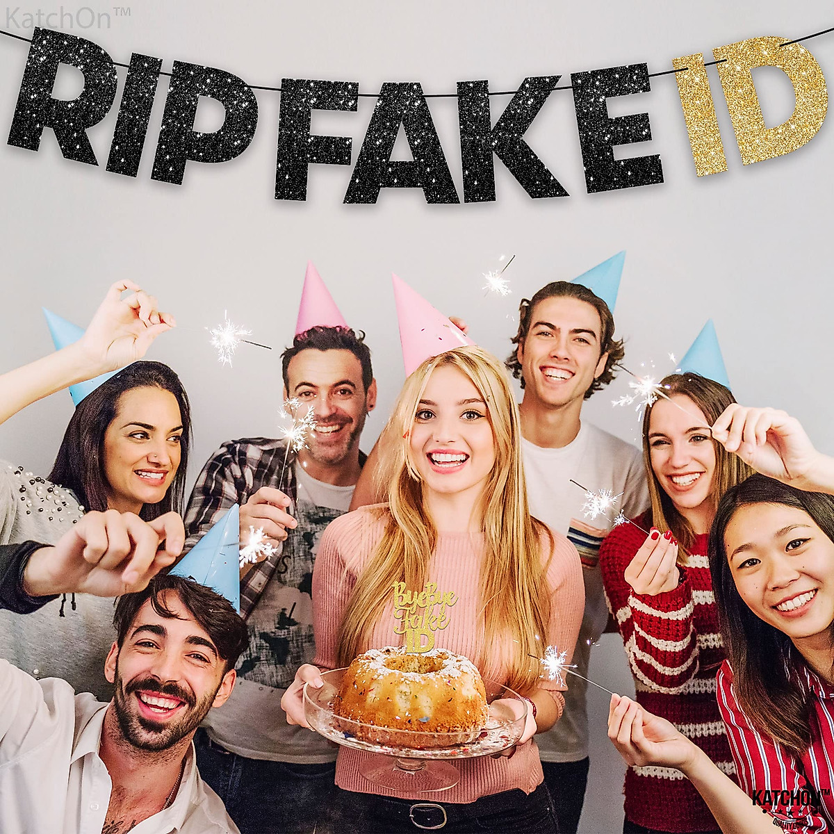 KatchOn, Glitter RIP Fake ID Banner Black and Gold - Prestrung, 10 Feet | Finally 21 Banner for Golden 21st Birthday Decorations for Him | Happy 21st Birthday Banner for Happy Birthday Decorations