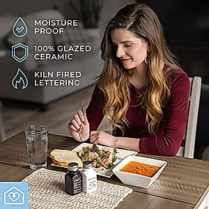 Farmhouse Ceramic Salt and Pepper Shakers Set with Extra Lids. 100% Stoneware Salt and Pepper Shaker Set. Black Pepper and White Salt Shaker with Lid x4. Kitchen Salt Pepper Shakers by Heartland Home