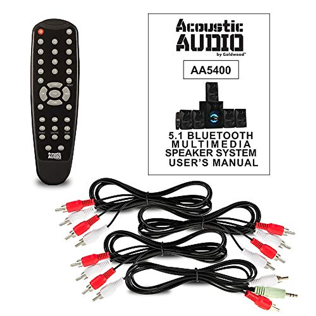 Acoustic Audio by Goldwood Bluetooth 5.1 Surround Sound System with LED Light Display, FM Tuner, USB and SD Card Inputs - 6-Piece Home Theater Speaker Set, Includes Remote Control - AA5400 Black