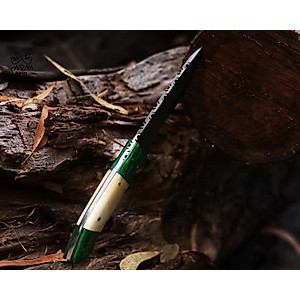 ADAM KNIVES Fixed Blade Damascus Steel Hunting Knife With Leather Sheath, 9'' Full Tang Skinning, Non-Slip Wooden Handle, Camping (Green Wood)