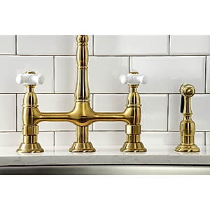 Kingston Brass KS1277PXBS Heritage 8-Inch Center Kit Bridge Faucet with Brass Sprayer, Brushed Brass