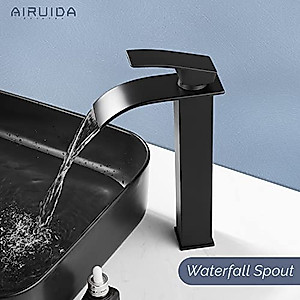 Airuida Vessel Sink Faucet Matte Black, Tall Waterfall Bathroom Faucet, Single Handle One Hole Mixer Bowl Tap with Large Rectangular Spout, Bar Sink Faucet Lavatory Vanity