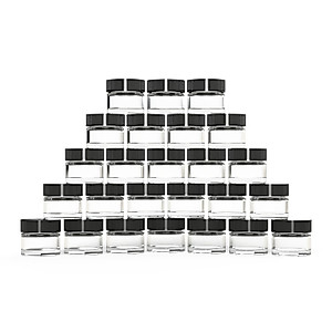 Midelo 100-Pack 5ml Thick Glass Jars with Reflective Foam Liner - Mini Refillable small containers with lids for Oil, Lip Balm, Wax, Cosmetics, Makeup, & More - Small jars with Black Airtight Lids