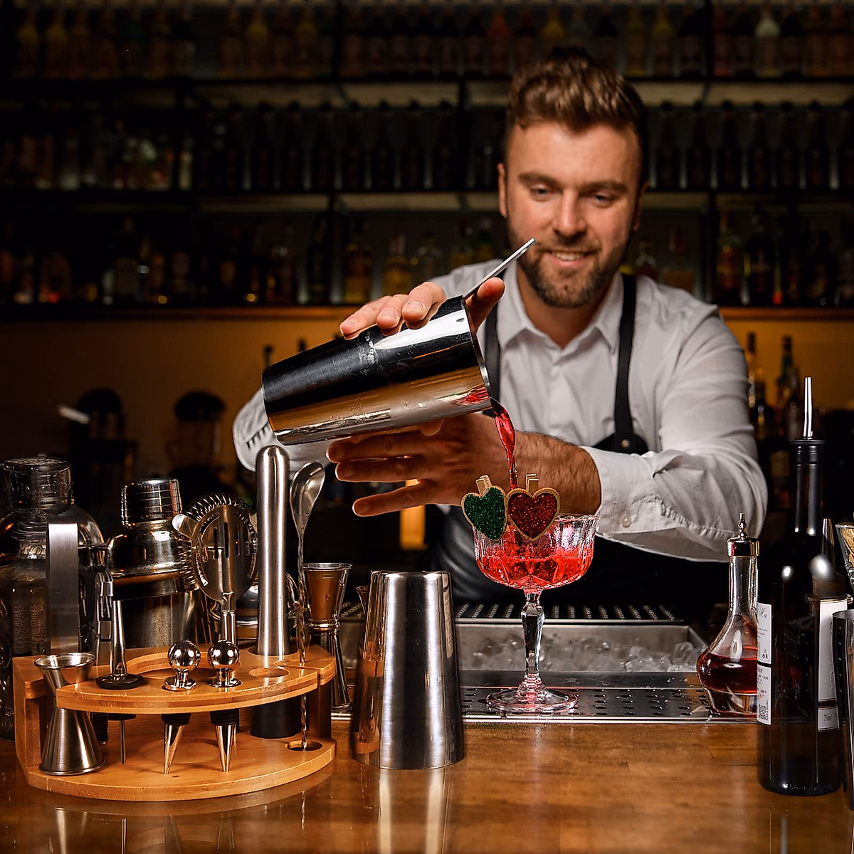 Esmula Bartender Kit with Stylish Bamboo Stand, 12 Piece 20oz/25oz Boston Cocktail Shaker Set for Mixed Drink, Professional Stainless Steel Bar Tool Set, Gift for Man Dad- Cocktail Recipes Booklet