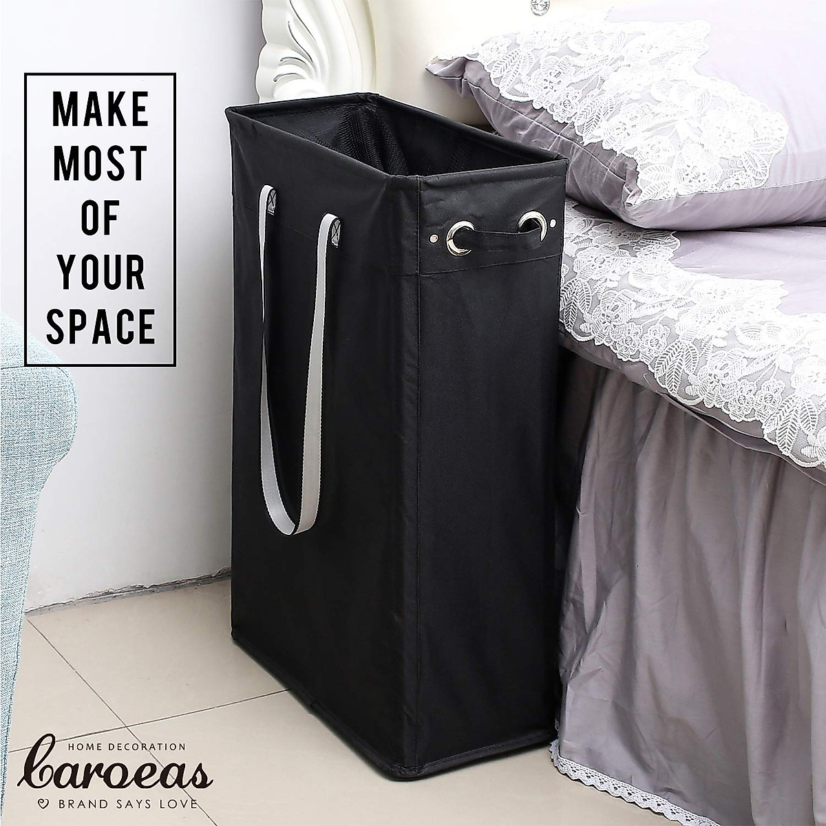 Cloth Clothes Basket, Caroeas 24" Handy Hanging Laundry Basket Tall & Slim Hamper Waterproof Laundry Bag Collapsible Travel Laundry Bag with Breathable Mesh Cover & Soft Handle Laundry Hamper (Black1)