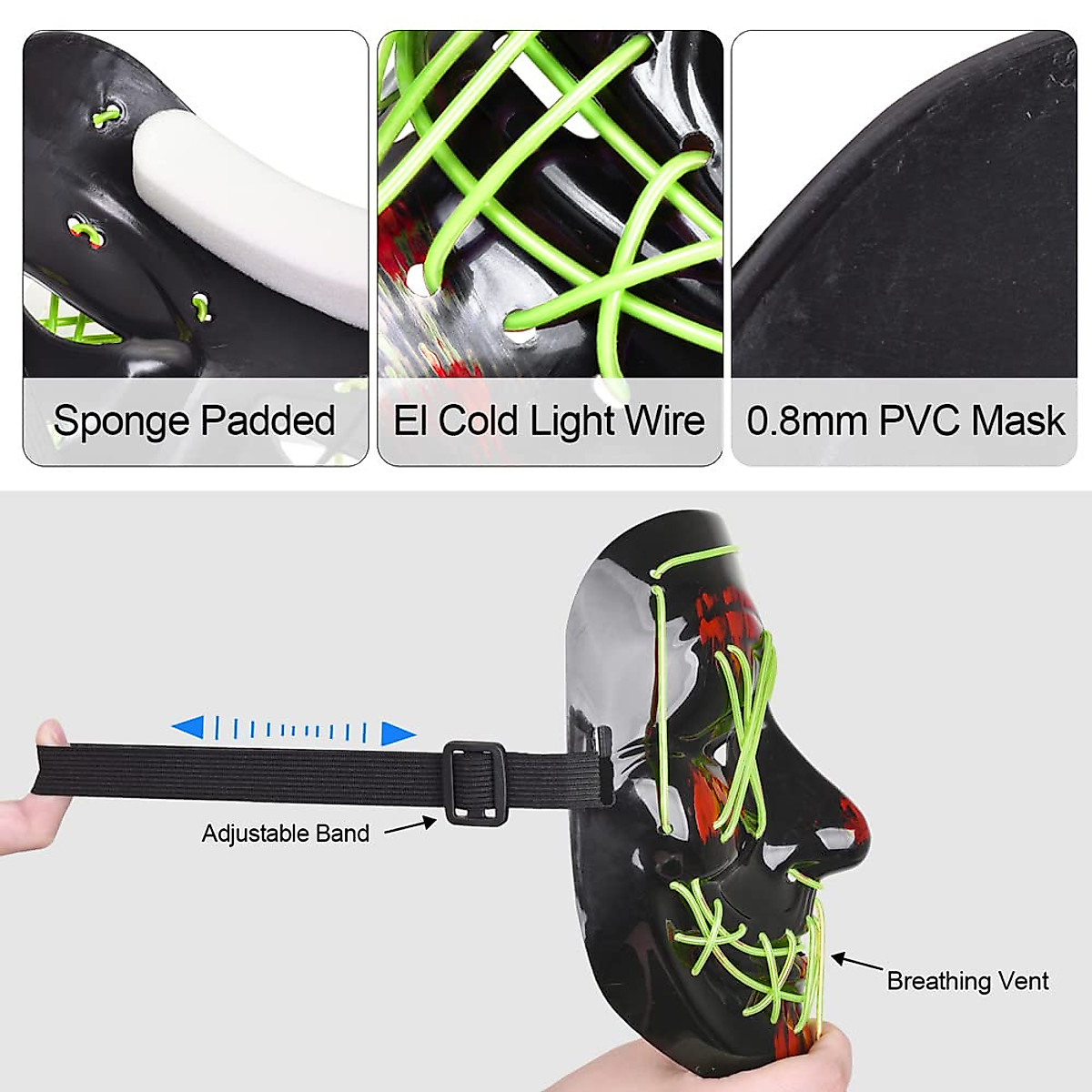 OU-BAND LED Halloween Mask, Purge Mask Costume, Scary Hacker Mask for Halloween, Masquerade Cosplay Light Up Face Mask for Men Women Kids, Carnival, Gifts