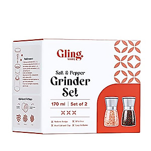 GLING Salt and Pepper Grinder Set - Refillable Sea Salt & Peppercorn Stainless Steel Shakers - Salt and Pepper Mill - 5 Inch