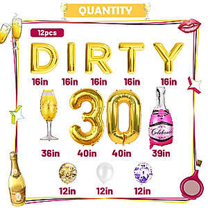 12PCS Dirty 30 Balloons, Gold Dirty Thirty Balloons/30th Birthday Decoration, Champagne Glass Balloon Decor for Men Women, Cheers to 30 Years Old Birthday Foil Balloons for Outdoor