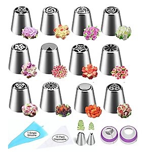 EOTCT Russian Piping Tips Set 27 pcs Cake Decorating Supplies Kit Ball Piping Nozzles Decorating Tools Airbrush Kit for Baking DIY Cream Cake Cupcake
