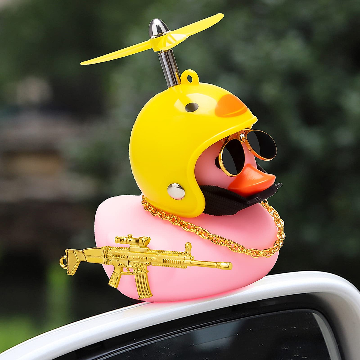 wonuu Rubber Duck Car Ornaments Pink Duck Car Dashboard Decorations Set with Propeller Helmet, Sunglasses, and Gold Chain. (W-Pink-Chicken)