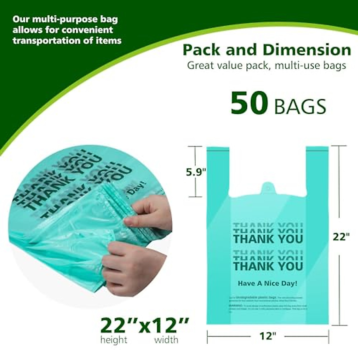 AYOTEE Shopping Bags for Small Business, Thank You Bags Bulk 50 Count Green Reusable Grocery Bags, T Shirt Bags with Handles, Standard Supermarket Size (12"x6.5"x22") Restaurants,Grocery Store
