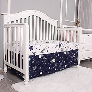 Belsden 3 Piece Crib Bedding Set for Baby Boys Girls, Classic Nursery Bedding Essential Including Comforter, Crib Sheet and Crib Skirt, Ultra Soft Cozy, Space Star Navy