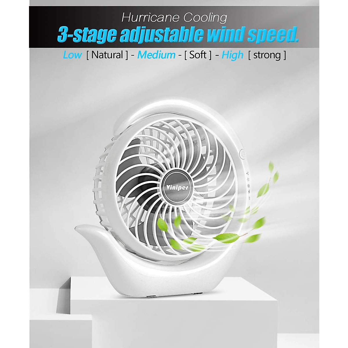 Viniper Portable Rechargeable Fan, Small Desk Fan : 3 Speeds & about 8-24 Hours Longer Working, 180 Rotation, Portable Desktop Fan Small but Mighty, Strong Wind (White, Light Black Blade)6.2 Inch