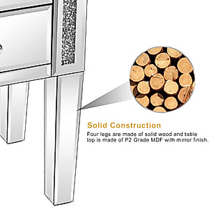 VINGLI Mirrored Nightstand, Mirrored Bedside Table with Drawer, Mirror Silver Night Stand, Mirrored Glass End Table Crushed Diamond Glitter Night Stand for Small Spaces/Bedroom/Living Room, Silver