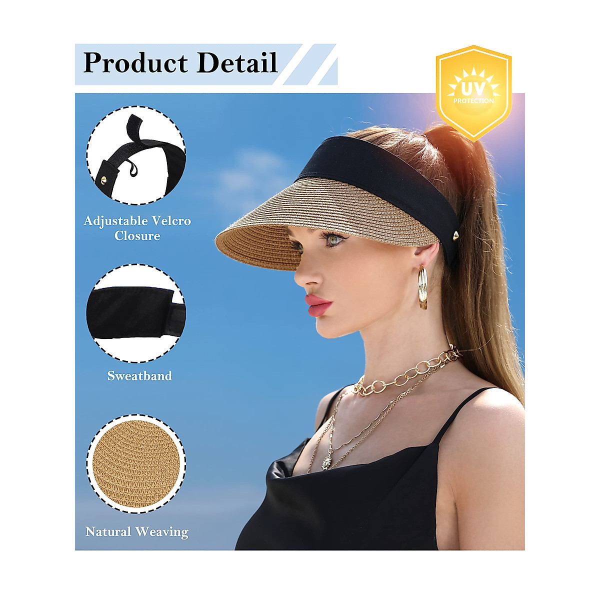 Women Wide Brim Straw Visor Sun Hat UV Protection Packable Beach Cap for Summer UPF 50+(Khaki)