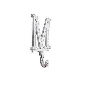 Hampton Nautical Whitewashed Cast Iron Letter M Alphabet Wall Hook 6" - Vintage Wall Decor - Cas