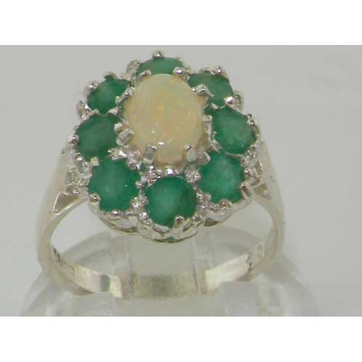 LetsBuyGold 10k White Gold Natural Opal and Emerald Womens Cluster Ring - Size 8.75