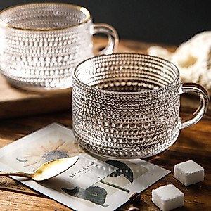 Stackable Vintage Coffee Mug, 14 Oz Clear Embossed Glass Cup, Premium Drinking Glass Tumbler, Tea Cup, Glass Coffee Cup for Cappuccino, Latte, Cereal, Cocktail, Yogurt, Beverage Hot