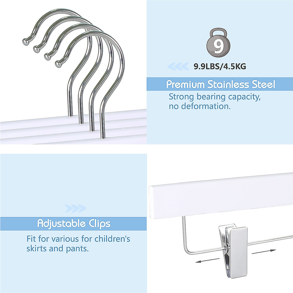 TOPIA HANGER 11.8 Inch White Wooden Pants Skirt Hangers for Kids Baby Toddler Children, Extra Thick Chrome Hooks & Anti-Wrinkle Premium Flat Clips 10 Pack CT09PW