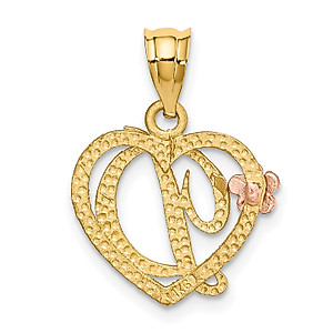 14k Two-Tone Yellow Gold Letter D Initial With Rose Gold Flower Inside Open Heart Pendant 22x16mm