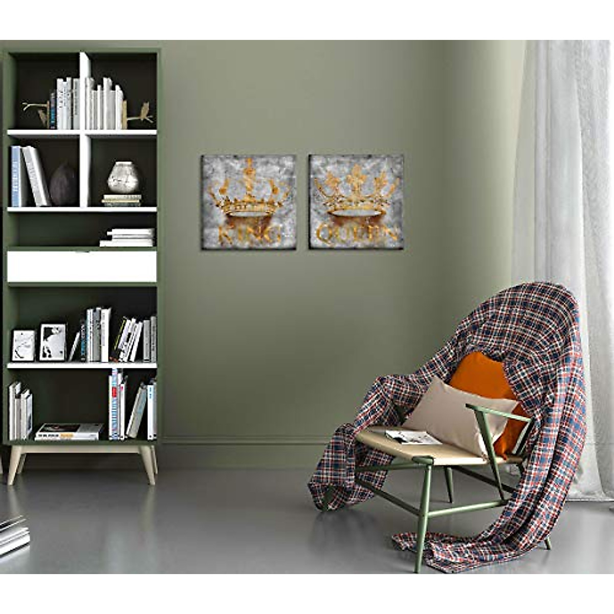 Zlove 2 Set Romantic Wall Art Golden Queen and King Crown Painting Antique Vintage Grey Artwork on Canvas For Bedroom Valentine Day Wedding Gift Stretched and Framed Ready to Hang 12x12inchx2pcs