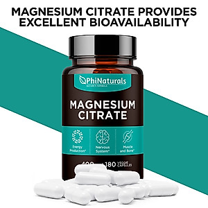 Magnesium Citrate Powder Capsules 400mg - 180 Count Veg Caps - PhiNaturals Supplements - Nervous System Support and Enzyme Function