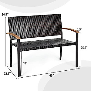 Tangkula Patio Wicker Bench, All Weather Rattan Bench w/Acacia Wood Armrest, Outdoor Loveseat Chair, Lightweight Patio Stackable Dining Bench for Front Porch, Backyard, Lawn, Garden, Pool, Deck