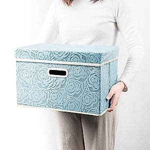 PRANDOM Collapsible Storage Cubes with Lids Fabric Decorative Storage Bins Boxes Organizer Containers Baskets with Cover Handles for Bedroom Closet Living Room 14.9x9.8x9.8 Inch 3 Pack