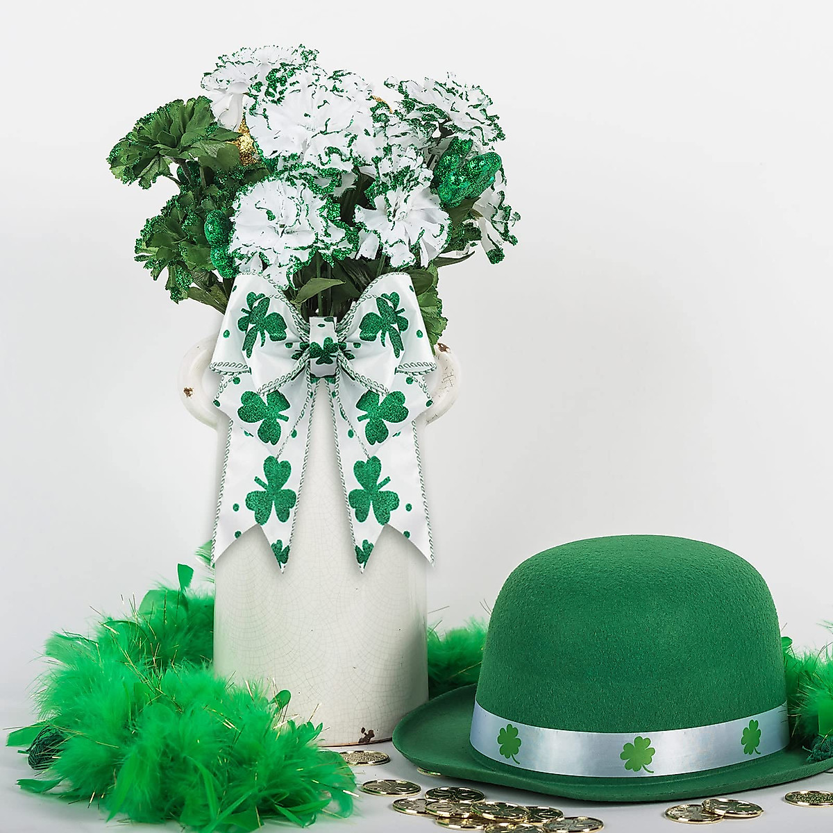 Whaline 2 Rolls St Patrick's Day Wired Ribbon Glitter Green Stain White Shamrock Craft Ribbons Linen Like Polyester Wrapping Ribbon for Home Craft Decoration Gift Bow Party Supply 2.5 Inch x 10 Yards