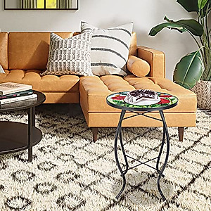 MUMTOP Outdoor Side Table - Small Mosaic Patio Table, Poppy 14” Accent Round Side Table Glass Plant Stand for Garden Patio Living Room