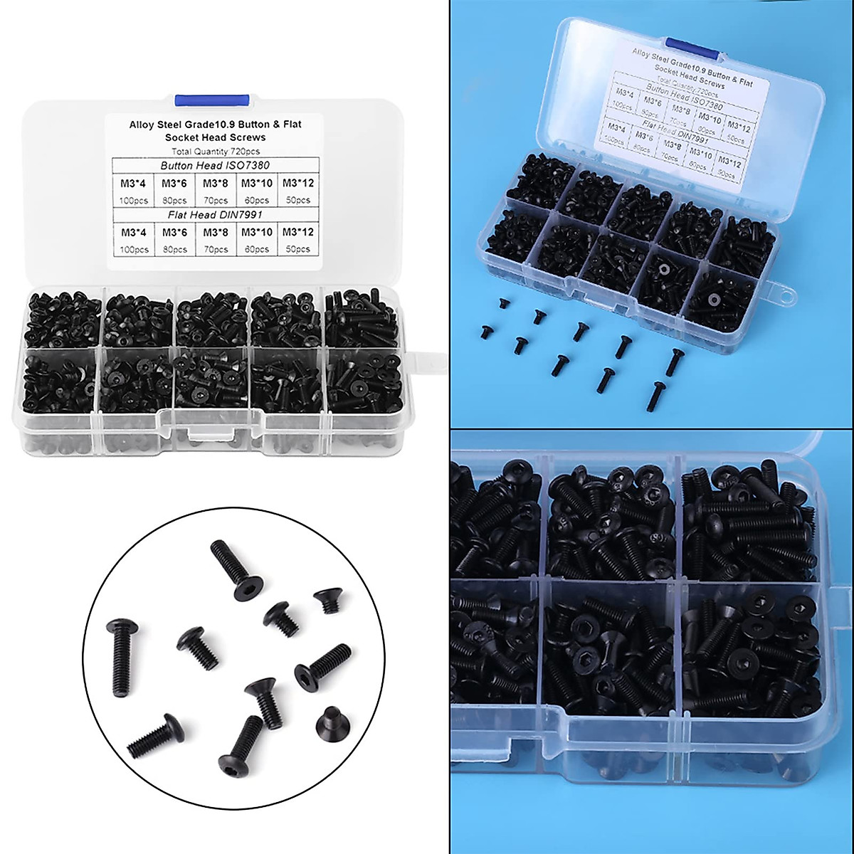 720PCS M3 Hex Bolt Screw Assorted M3x4mm 6mm 8mm 10mm 12mm Black Alloy Steel Pan & Flat Head Hex Socket Screws with Plastic Box