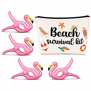 4 Pcs Towel Clips for Chairs Flamingo Parrot Beach Chair Clips for Beach Chairs,1 Pcs Beach Kit Cosmetic Bag for Women (Flamingo)