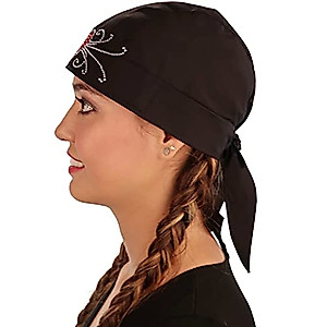 Black Skull Cap with Red Heart & Swirls Rhinestud - American Made Embellished Classic Skull Cap - Skull Cap Doo Rag Do Rag Headwrap - Made in USA!