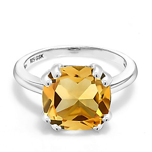 Gem Stone King 925 Sterling Silver Yellow Citrine Double Prong Ring For Women (3.22 Cttw, Cushion Cut 10MM, Gemstone Birthstone, Available In Size 5, 6, 7, 8, 9)