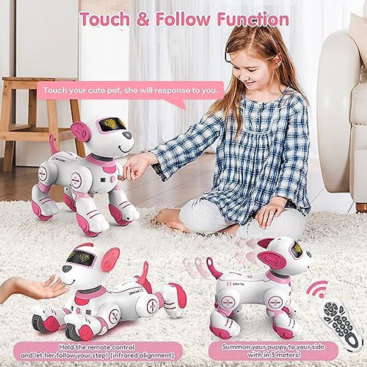 VATOS Remote Control Robot Dog Toy for Kids - Interactive Touch & Follow 17 Functions Robot Dog Pet, Programmable Smart Walking Puppy Intelligent Dancing RC Robot Toys for Girls 3-12 Birthday Gifts