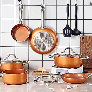 Copper Pots and Pans Set Nonstick 10-Piece Ceramic Cookware Set, Stainless Steel Handles, Dishwasher & Oven Safe, PFOA/PFAS-Free, Orange