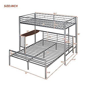Tidyard Twin Over Full Metal Bunk Bed with Desk, Ladder and Quality Slats for Bedroom, Metallic Silver for Bedroom Dorm Guest Room Home Furniture