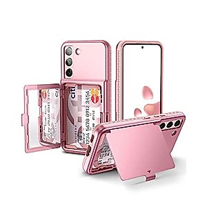 WeLoveCase Samsung Galaxy S22 Case Wallet Case with Credit Card Holder & Hidden Mirror, All-Round Protection Shockproof Phone Cover Designed for Samsung Galaxy S22 5G, 6.1 inch Rose Gold