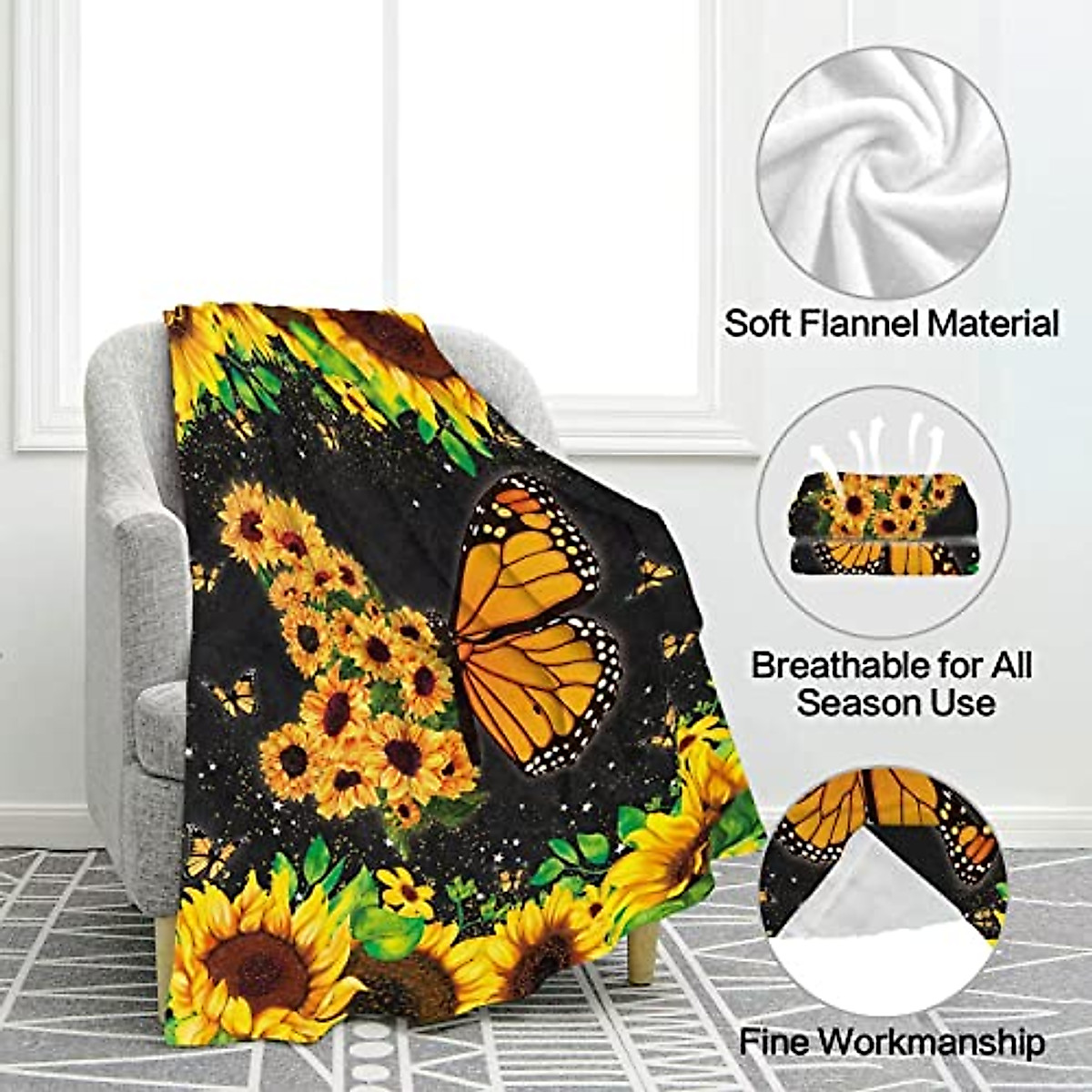 Throw Blanket Sunflower Butterfly Flannel Fleece Blanket, Comfy Throw Blanket Lightweight Sunflower Butterfly Blanket for Bed, Soft Fluffy Blanket for Aldults Women Men Valentines Day- 60x50 Inches