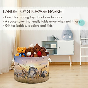 xigua African Safari Animals Round Storage Basket Collapse Canvas Fabric Storage Bin with Cotton Handles for Organizing Home/Kitchen/Nursery/Office/Kids Toy
