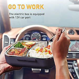 PREMIUMPLUS Electric Lunch Box Food Heater- Portable Food Warmer with Carrying Bag, Fork & Spoon- Lunch Box Warmer Portable for Work Car Truck- 1.5L Crockpot Lunch Warmer- 60W 12V/24V/110V (Purple)
