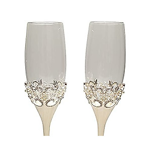 Lassos Boutique 4-Piece Set Wedding Toasting Champagne Toasting Flutes and Cake Knife Pie Server Set, Silver