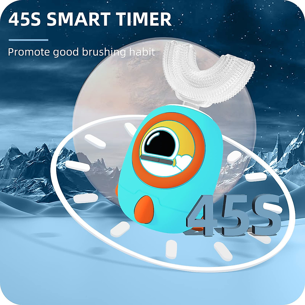 AUITRONCARE Ultrasonic Kids U Shaped Electric Toothbrush, Rechargeable Toddler toothbrushes with 4 Brush Heads, Smart Timer IPX7 Waterproof (Ages 2-12) (Hollow-Blue)