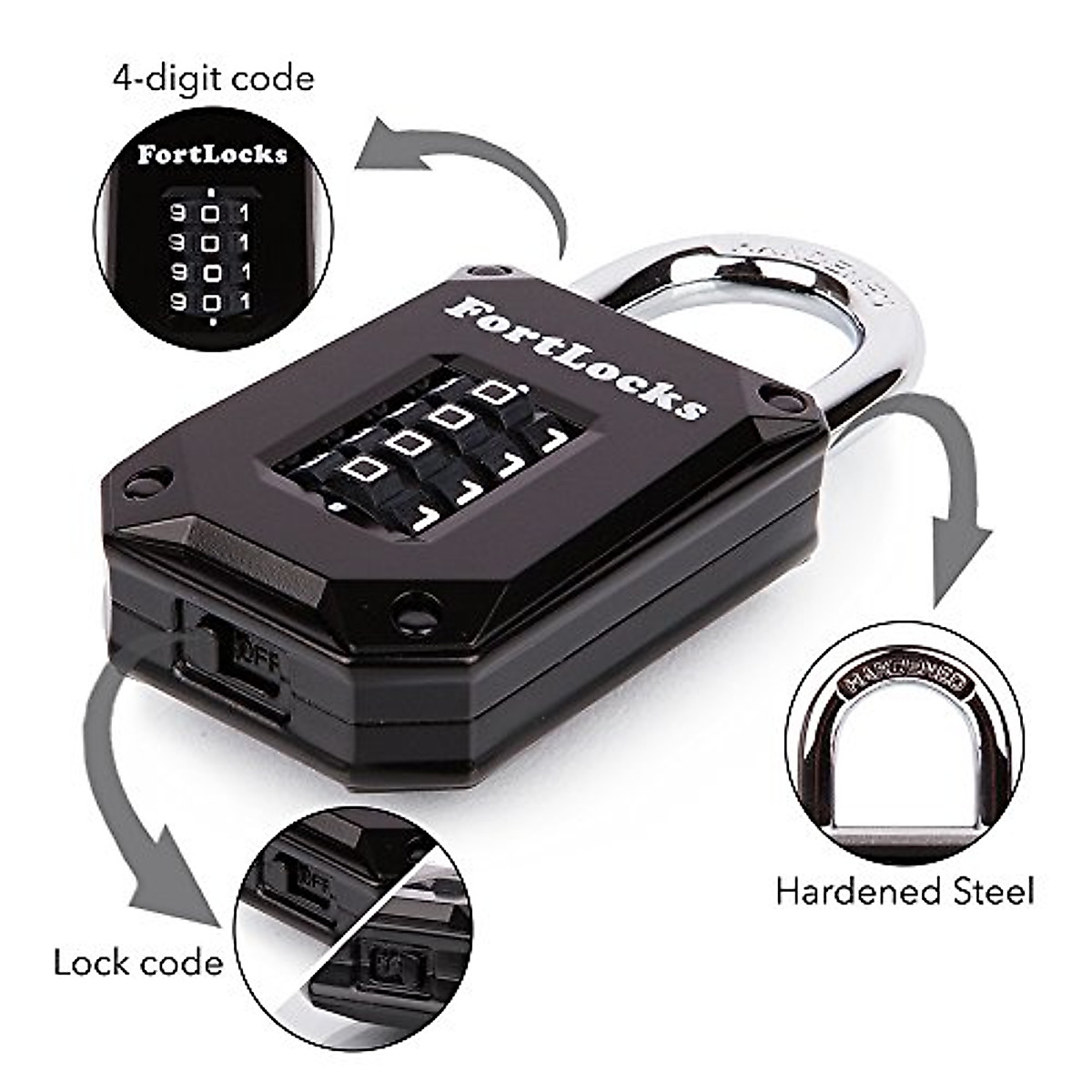 2 Pack FortLocks Gym Locker Lock - 4 Digit, Heavy Duty, Hardened Stainless Steel, Weatherproof and Outdoor Combination Padlock - Easy to Read Numbers - Resettable and Cut Proof Combo Code - Black