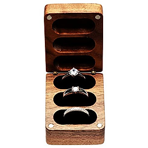COSISO Walnut Wooden Wedding Ring Storage Box,Solid Ring Holder for Ring 3 Slots Wedding Ceremony Engagement Birthday (Black Inner)