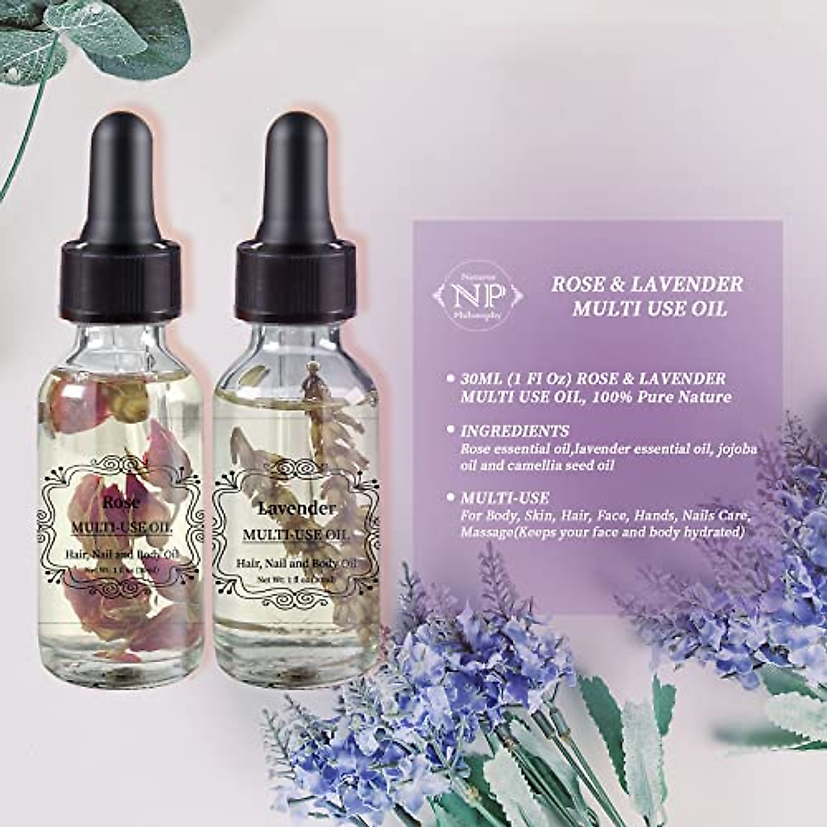 NP NATURES PHILOSOPHY Lavender Rose Multi Use Body Oil 2 Pack Natural and Organic Essential Oil for Face, Body, Nails Care and Massage - 30ML