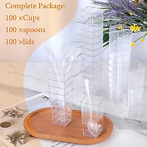 HawHawToys 100 Pack 3 OZ Mini Dessert Cups with Lids and Spoons, Square Tall Plastic Parfait Cups Dessert Shooter Cups for Party, Small Plastic Dessert Cups for Pudding, Appetizers